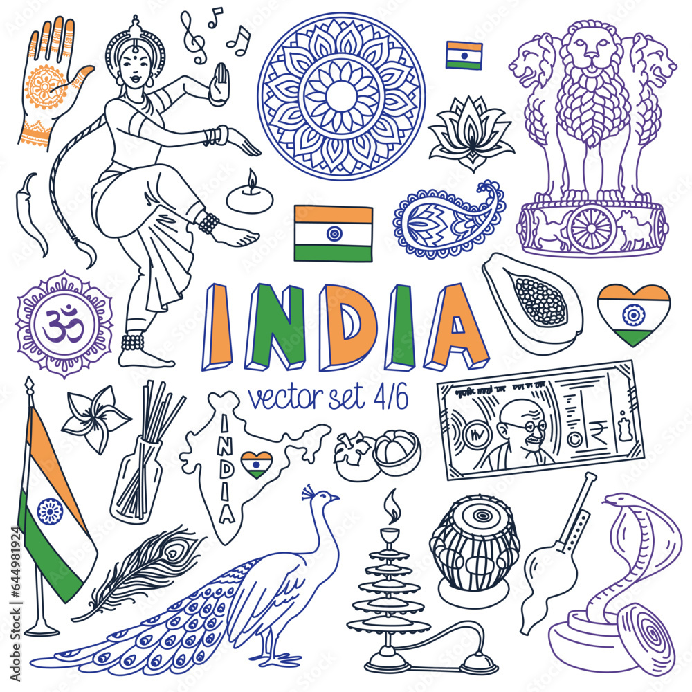 India doodle set. Traditional symbols of Indian culture and Buddhism ...
