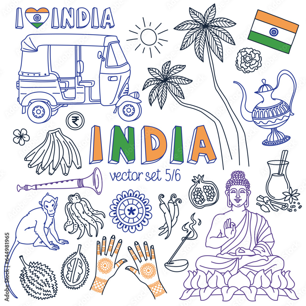 India doodle set. Traditional symbols of Indian culture and Buddhism ...