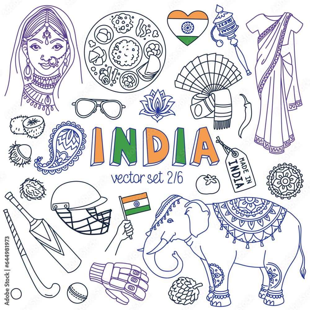 India doodle set. Traditional symbols of Indian culture and Buddhism ...