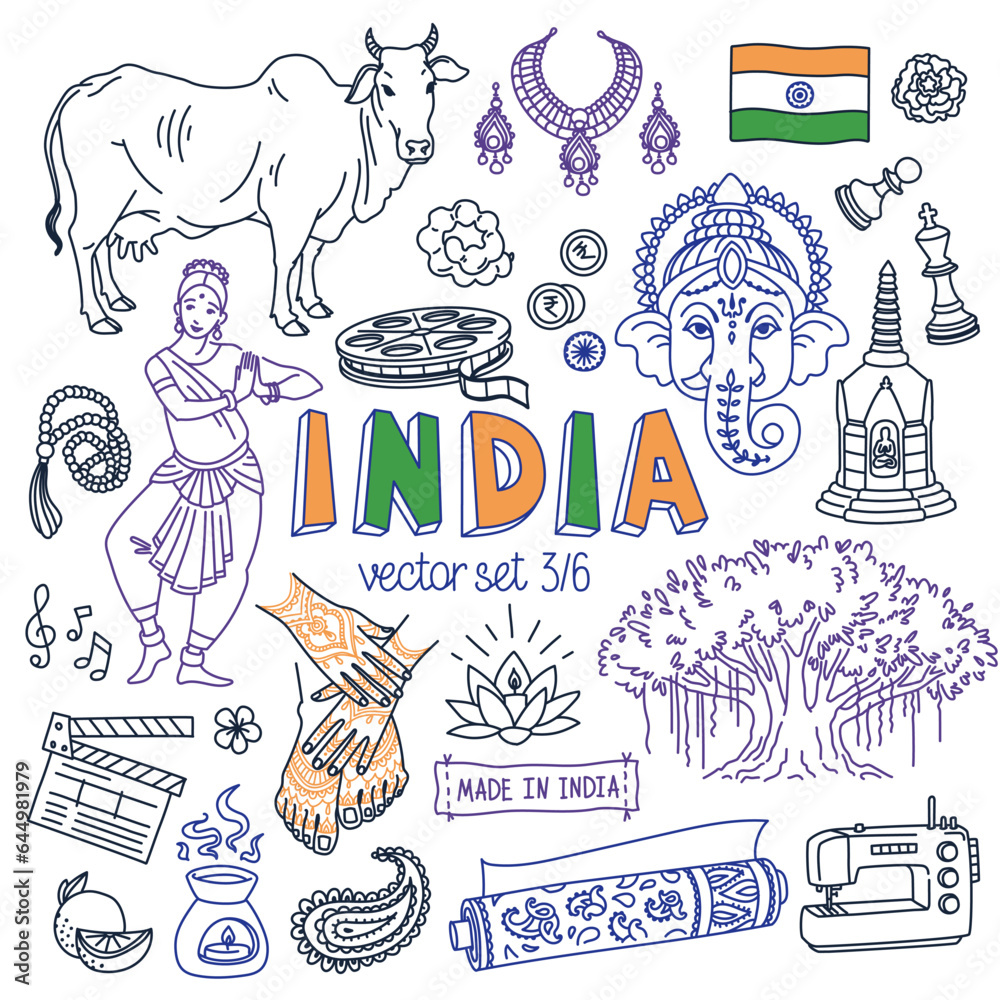 India doodle set. Traditional symbols of Indian culture and Buddhism ...