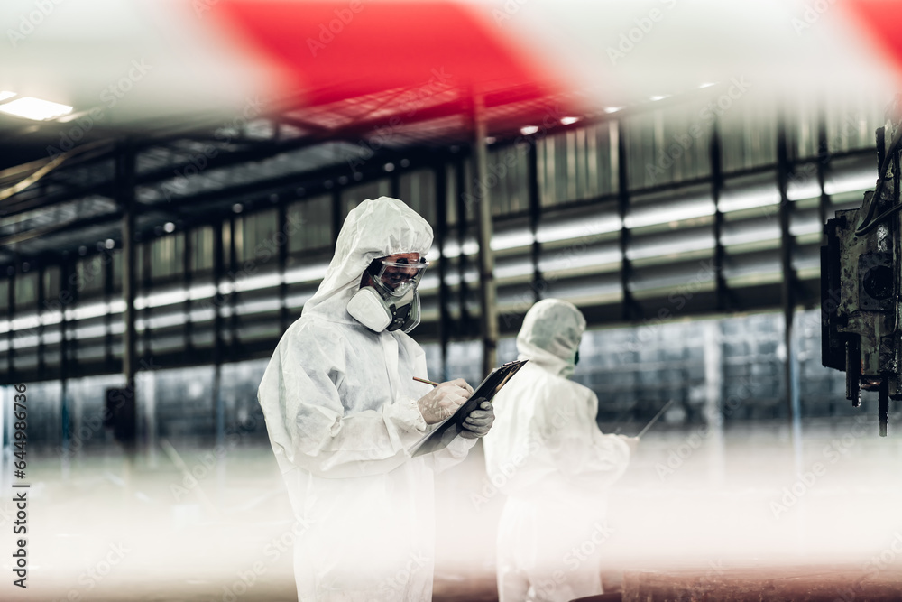 Scientist wear Chemical protection suit check danger chemical, working ...