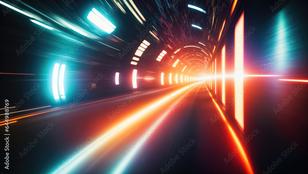 Warp speed space travel illustration, abstract flight in neon hyper ...