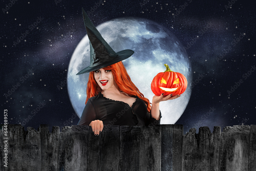 Halloween Witch peeking out behind a fence or wooden wall. Female ...