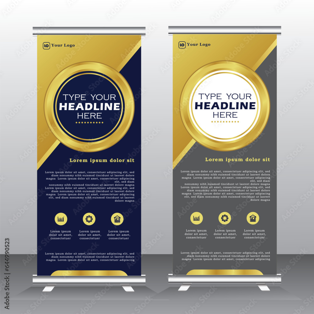 gold roll up banner stand design, vertical banner template. Vector ...
