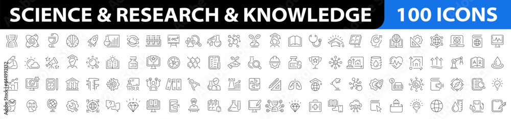 Science and research icon set. Knowledge. Biology, laboratory ...