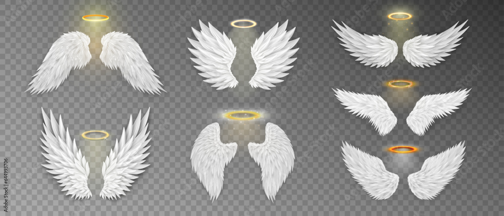 Collection of 7 three dimensional angel white wings and shiny nimbus ...