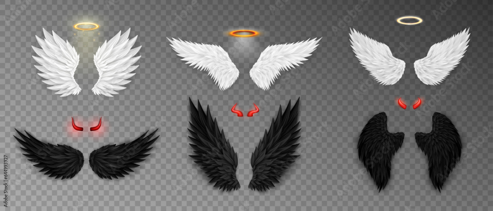 Set of 3D white angel wings with golden nimbus, halo and black devil ...