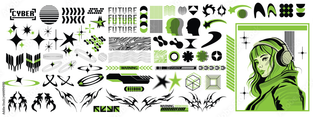 Cyberpunk grid icon element set, vector abstract retro y2k shapes kit ...