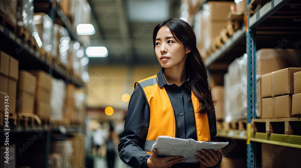 Asian female storekeeper working at a warehouse created with Generative ...