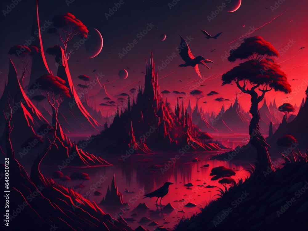 Fantasy world red gradient sunset, floating islands, space view comets ...