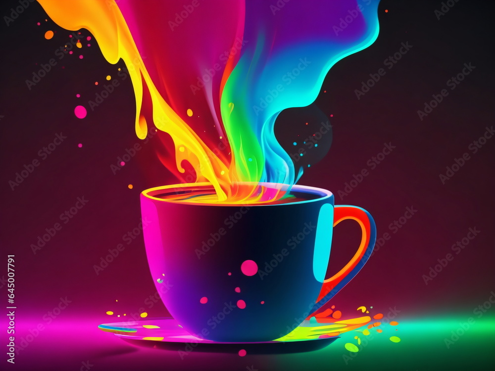 Cartoon style illustration of a coffee cup, splash art, splashed neon ...