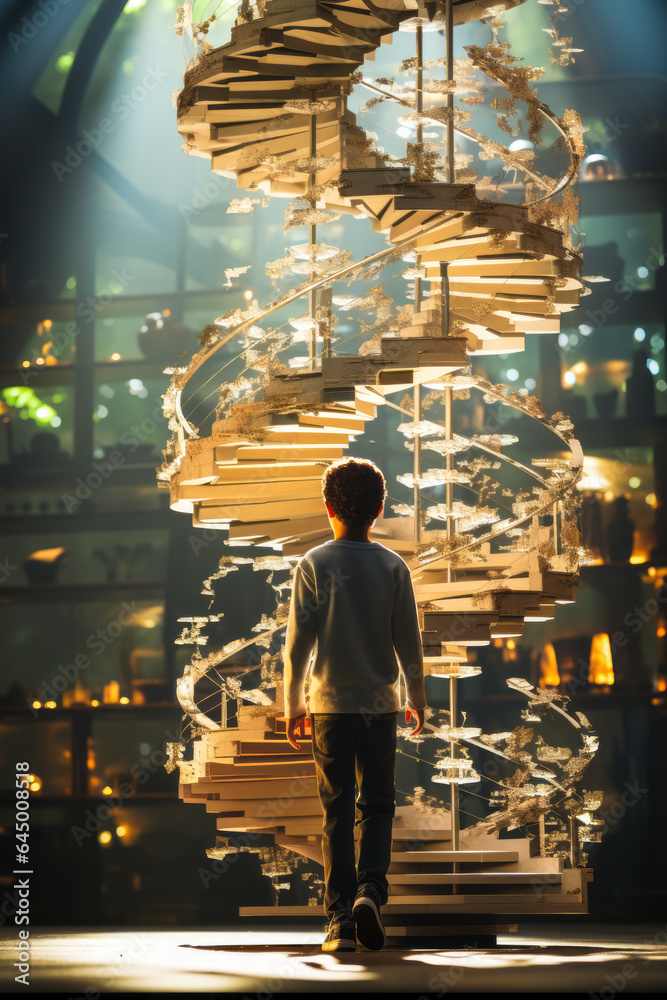 Intriguing depiction of a boy ascending DNA helix staircase ...