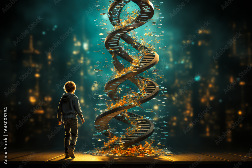 Emotional depiction of a young boy climbing a DNA structure like stairs ...