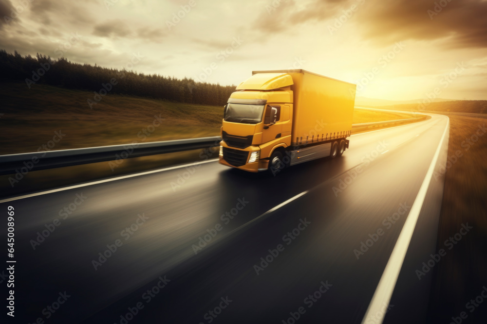 Container truck run on highway road on the background of the sky and ...