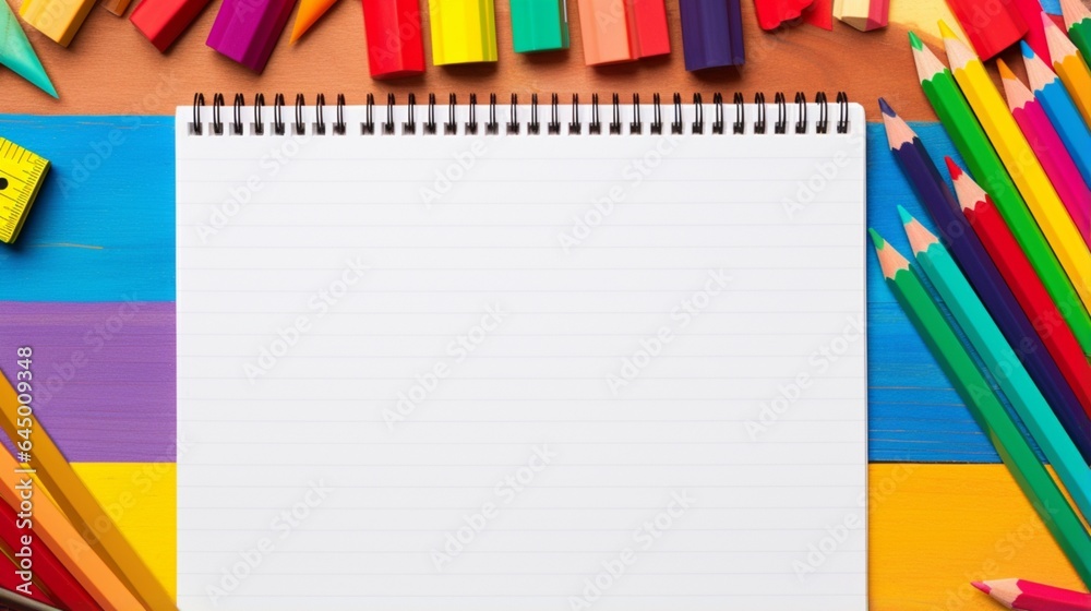 Colorful school supplies double border over a lined paper background ...
