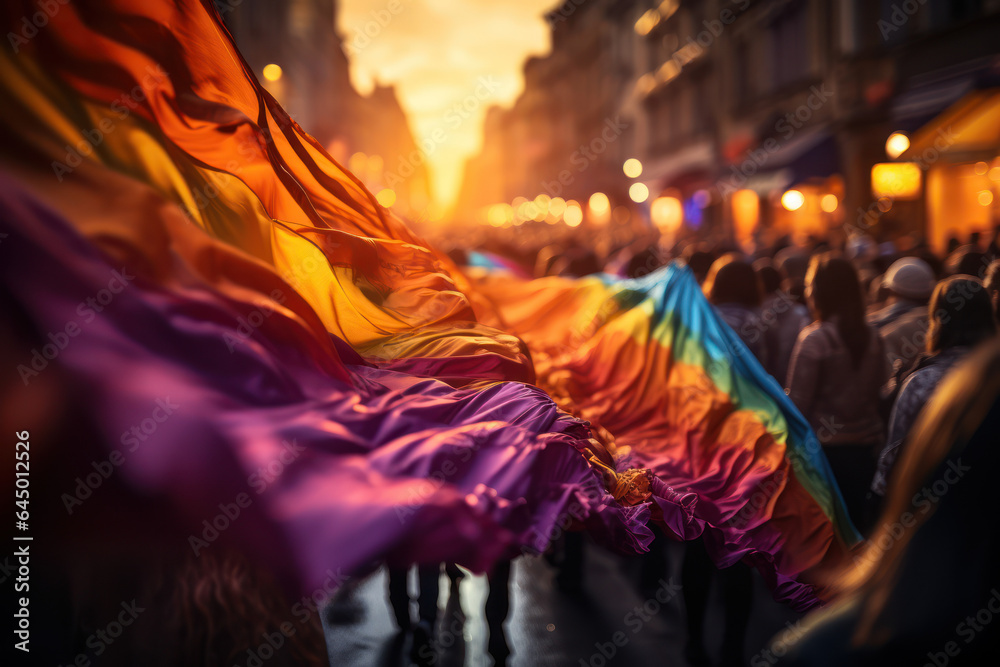 LGBTQ+ Rights. Pride parade with colorful flags and banners ...