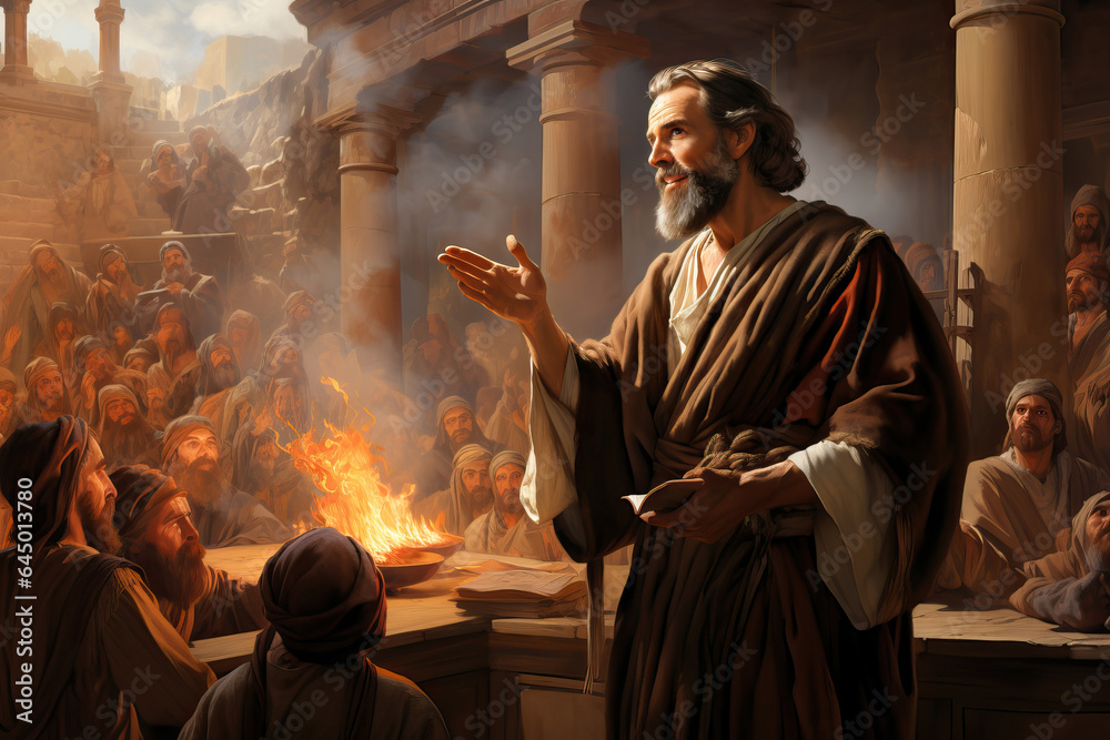 Apostle Paul preaching the Word of God in the synagogue to the christian people Generative AI ...