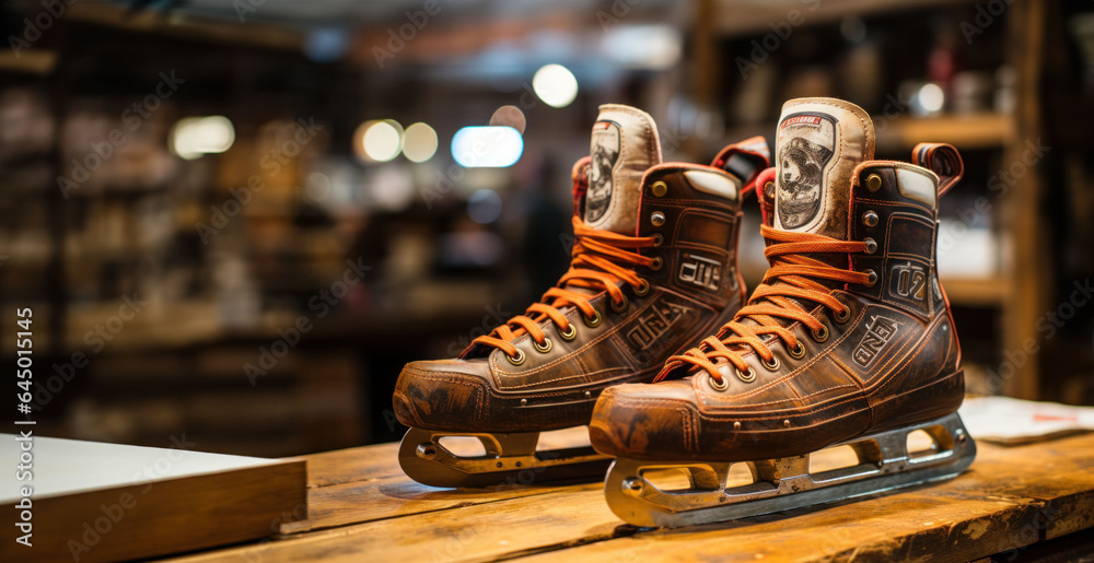 On the locker room floor, hockey skates offer space for extra content ...