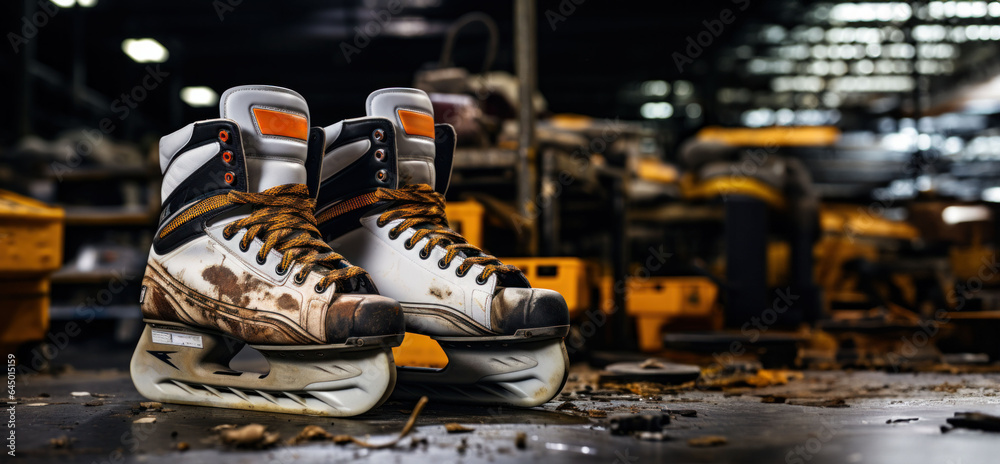 Hockey skates rest on the locker room floor with room for additional ...