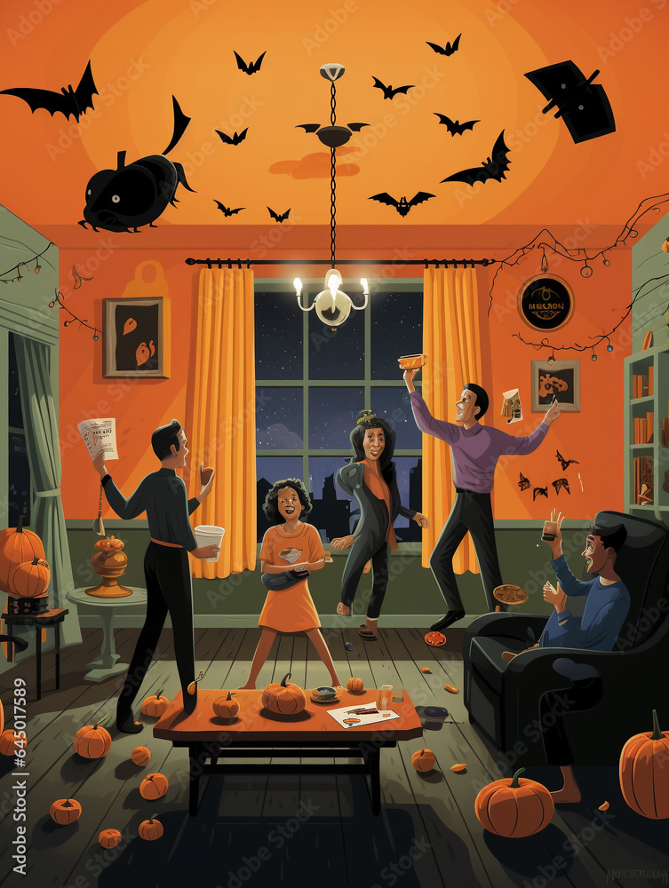 An Illustration of a Family Playing Halloween Charades, Acting Out ...