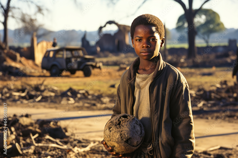 Poignant scene of a determined young African boy with a makeshift ...