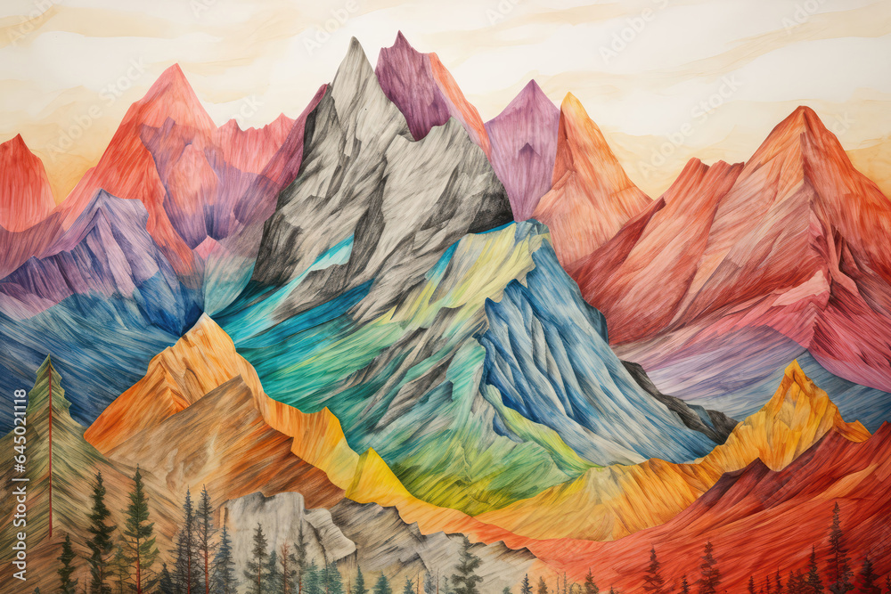 Mountain Landscape Painted With Crayons. Сoncept Color Blending ...