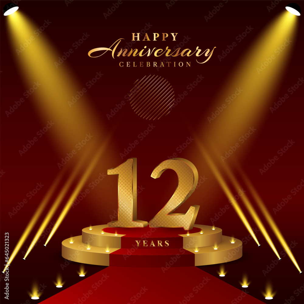 12th anniversary logo with numbers and podium in gold color, logo ...