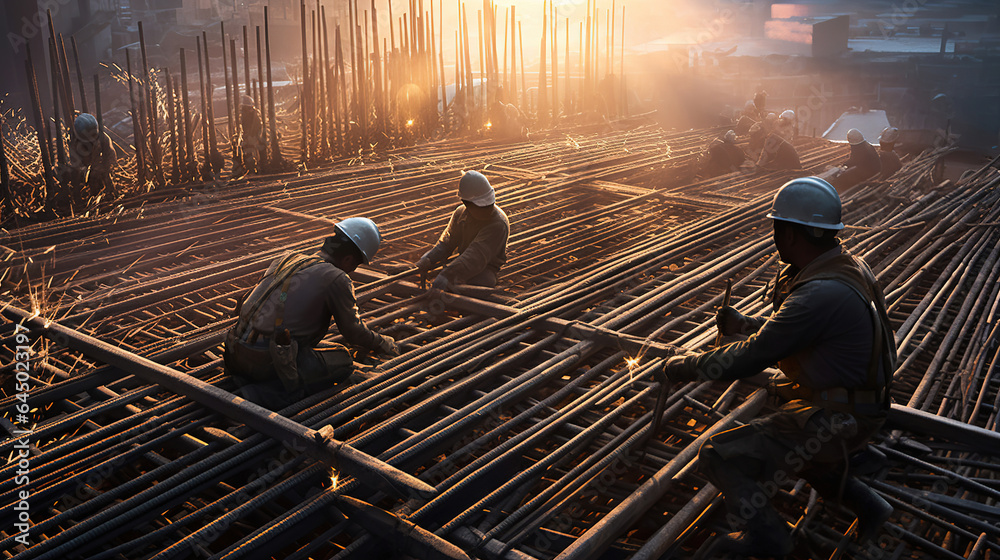 Construction workers fabricating steel reinforcement bar at the ...