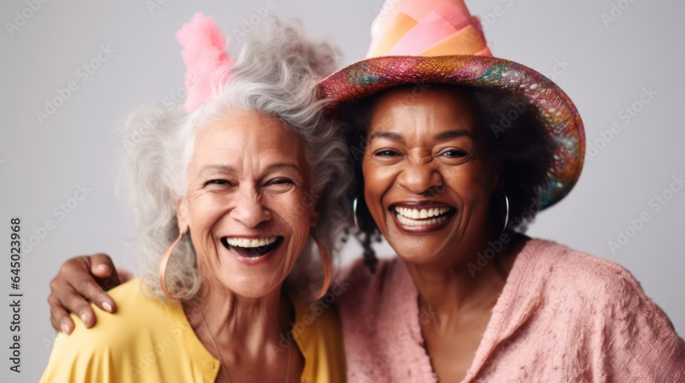 Joyful seniors celebrate a birthday against a studio background ...