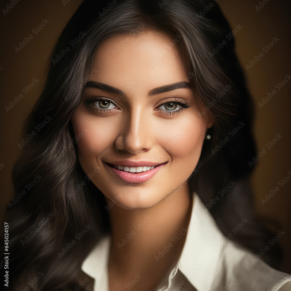 Beautiful Caucasian woman in a profile view against a brown background ...