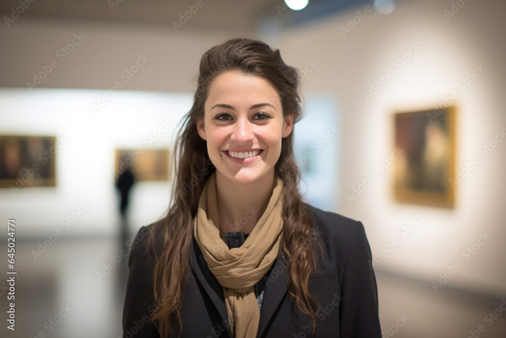 Portrait of a woman at an art gallery for an exhibition. Creative ...