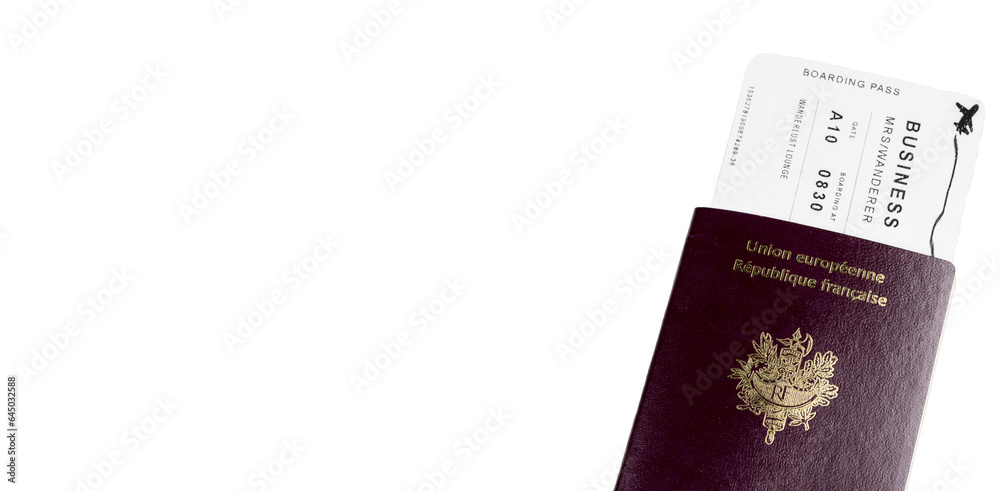 French and European passports alongside a boarding pass, set against a ...