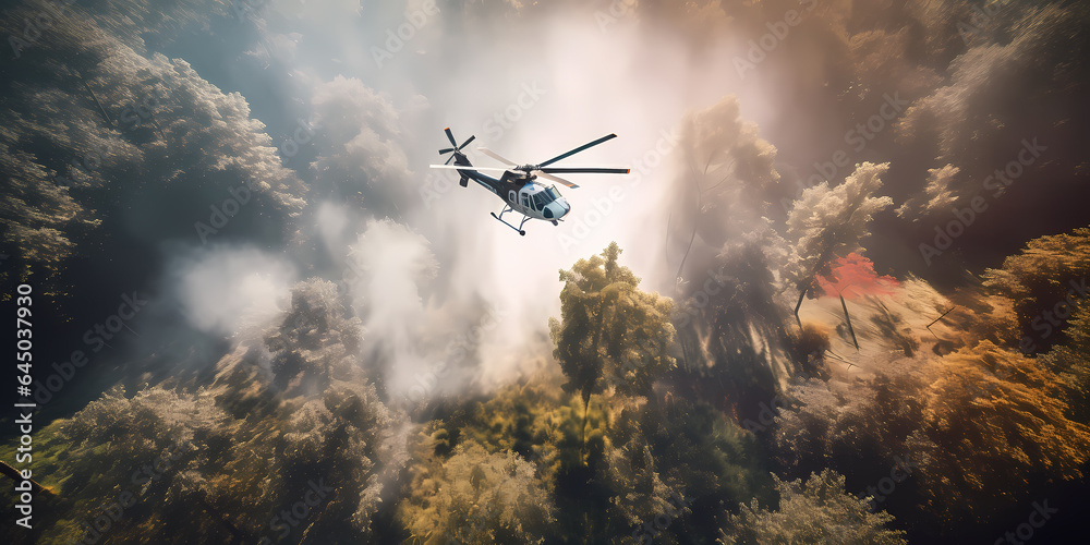 Fire fighting Helicopter dropping water on wildfire. Disaster forest ...