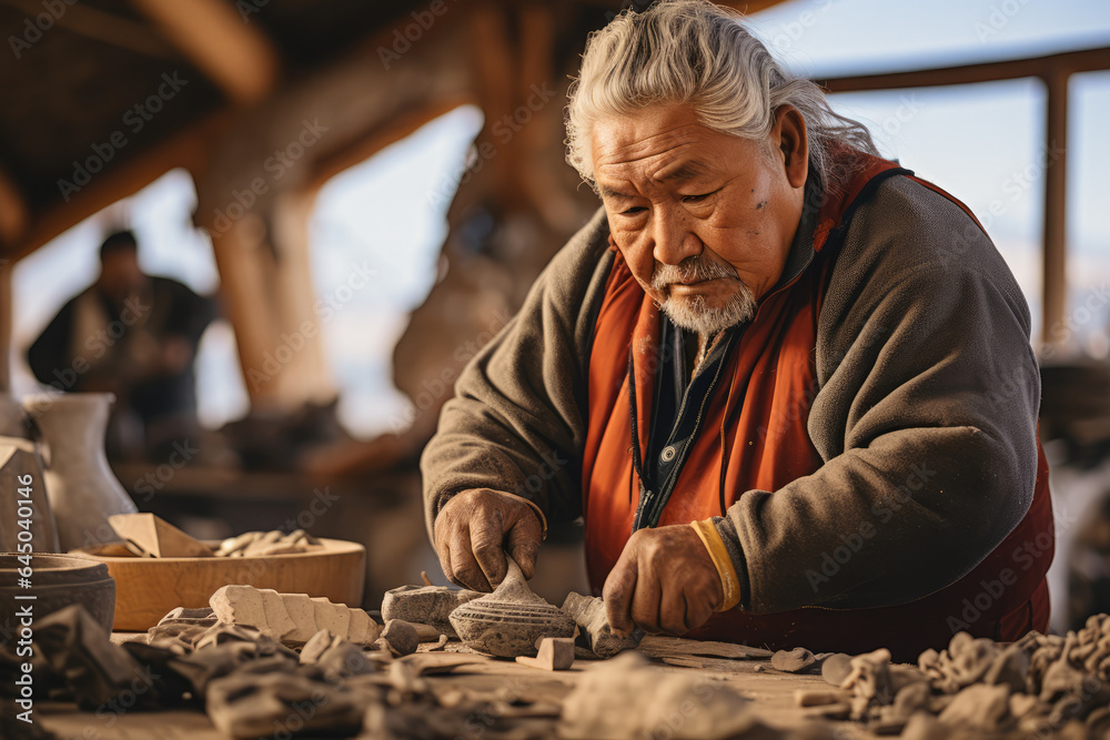 An Inuit elder crafting soapstone sculptures illustrating Inuit ...