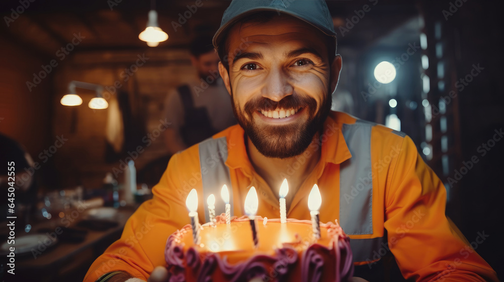 Happy and smiling construction worker with joyful crazy look celebrates ...