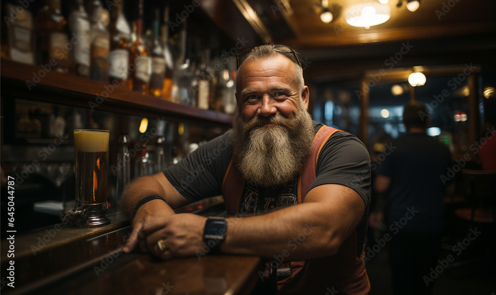 Handsome proud happy bearded bartender in apron is holding beer ...