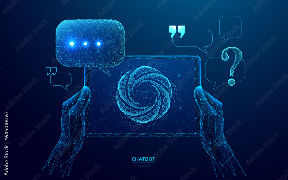 Abstract digital close-up hands holding tablet with chatbot logo on ...