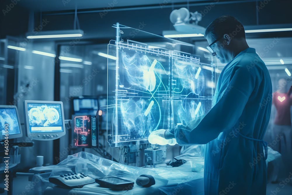 A doctor is working in a high-tech hospital where a surgical team is ...