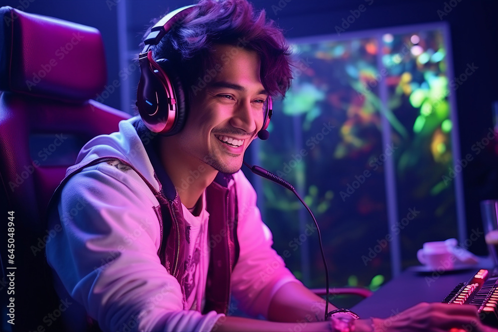 Generative AI photo of cheerful funny professional person gamer playing ...