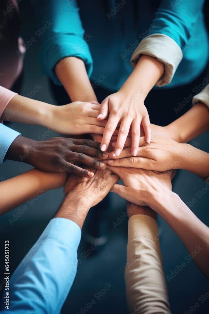 Diverse group of businesspeople with hands coming together in unity ...