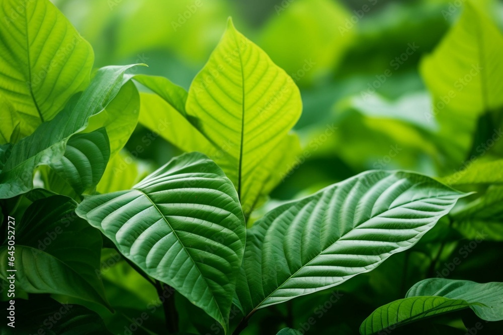 Green leaf background with kratom tree and dark plant leaves- mitragyna ...