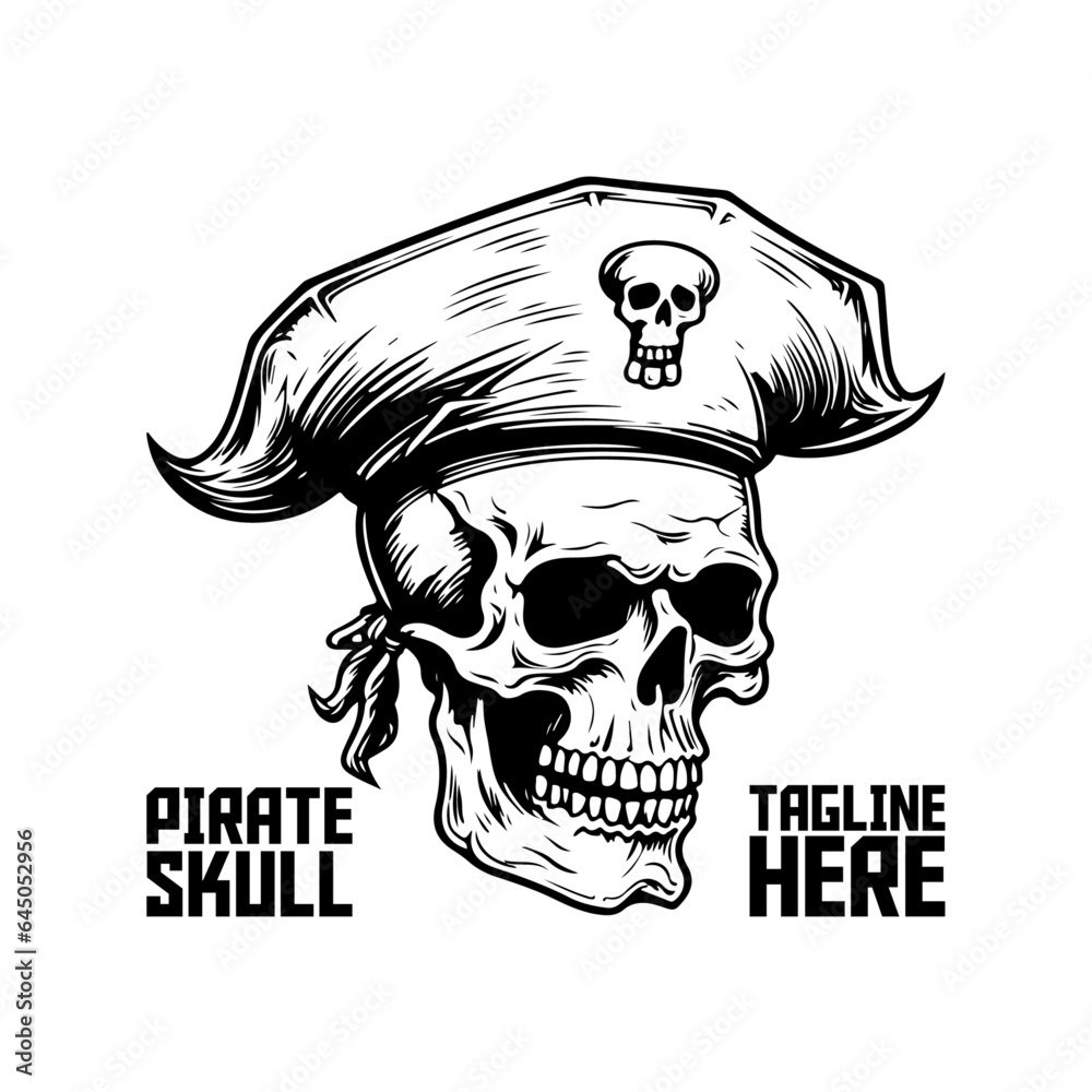 Pirate hat-adorned skull in a monochromatic illustration, vector format ...
