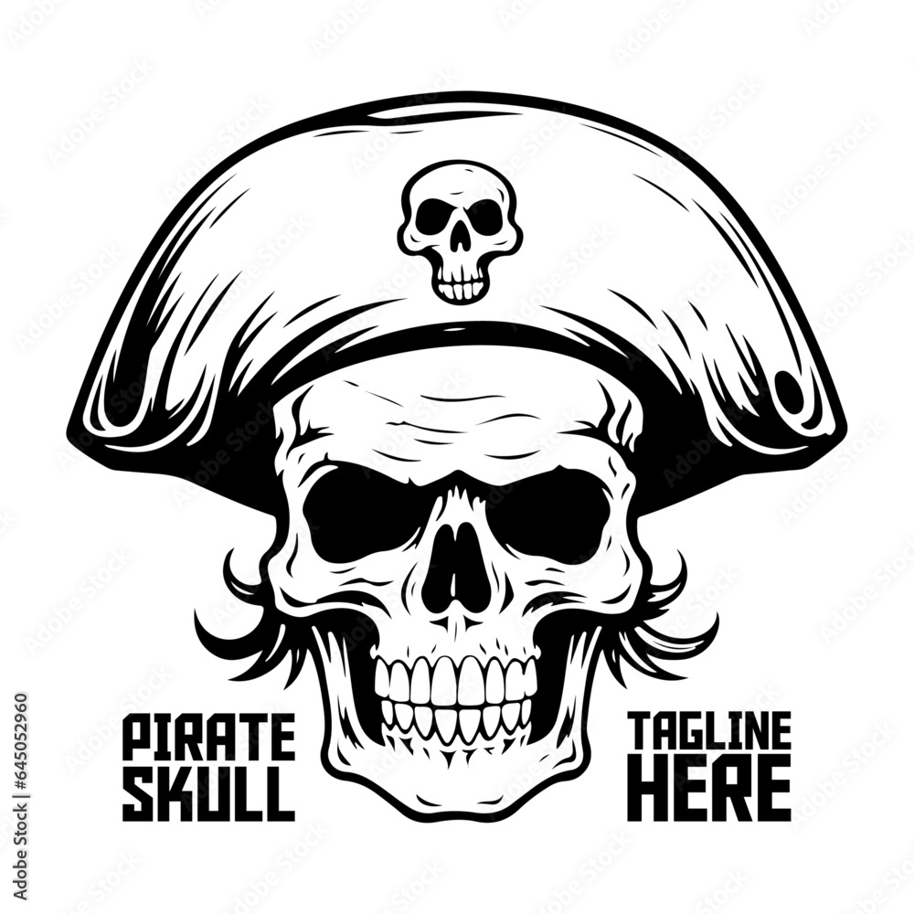 Monochrome illustration of a pirate hat-wearing skull in vector. Hand ...