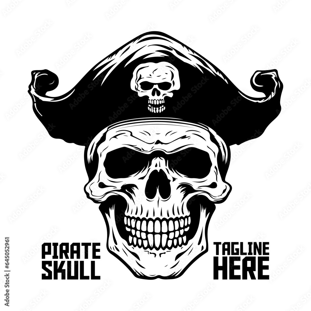 Vector monochromatic skull illustration with pirate hat. Hand-drawn ...