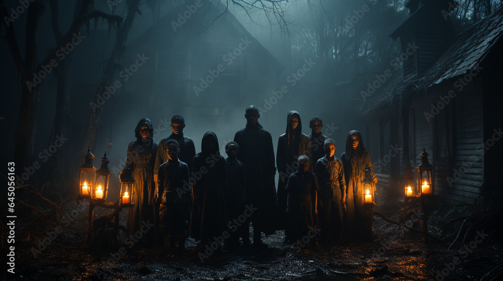 Several mysterious and scary people standing amongst the lantern lit ...
