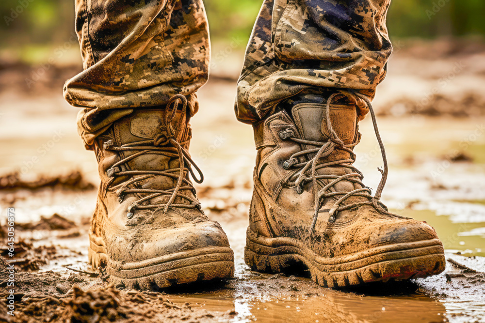 Muddy Soldier's Trek: Laced boots endure muddy trails, a soldier's ...
