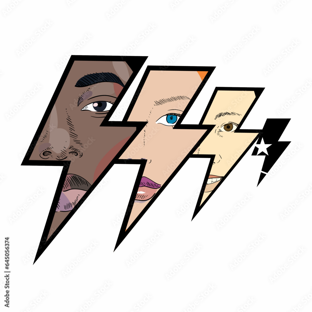 Design for thunderbolt symbols t-shirt with faces of women of different ...
