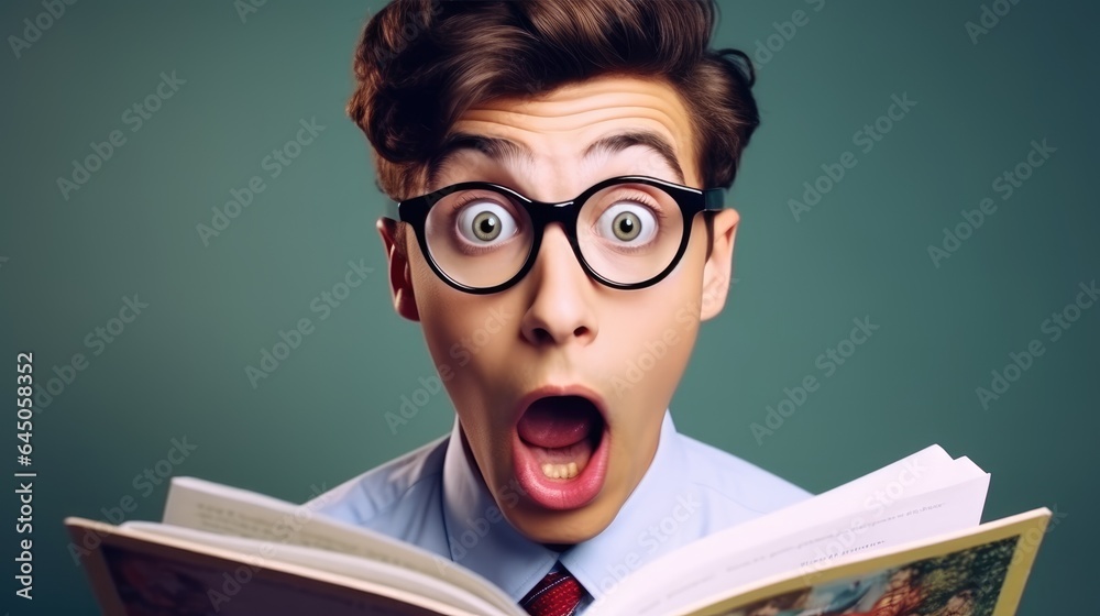 Shocked and surprised nerd student reading a book. Generative AI Stock ...