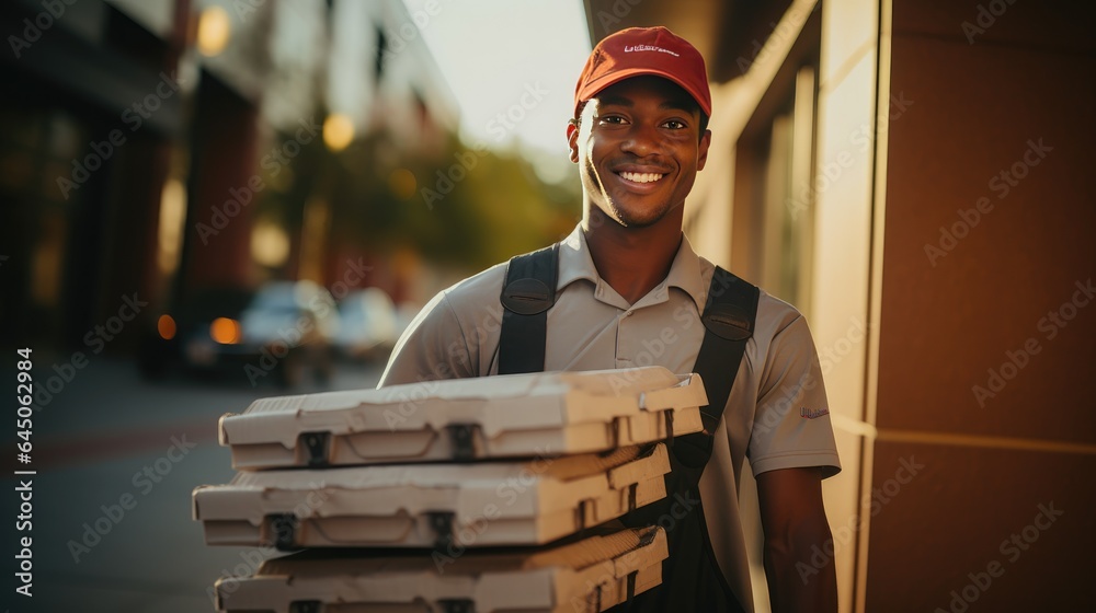 journey of a delivery person as they carry a stack of takeaway food ...
