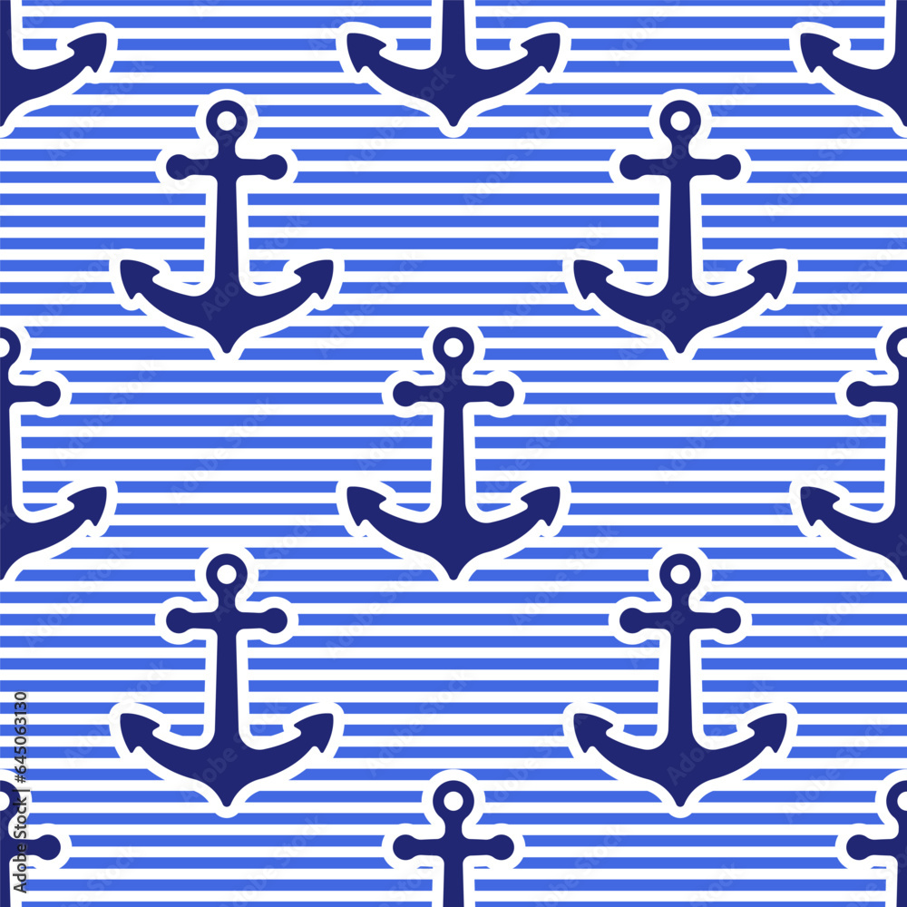 Blue ship anchors and thin horizontal stripes on a white background ...